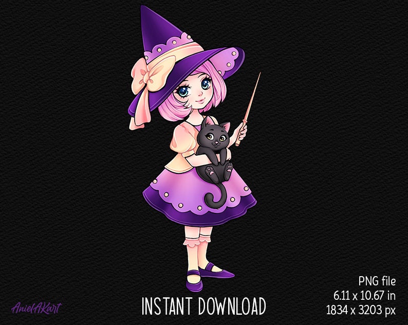 Halloween Clipart Cute Little Witch Digital Illustration - Etsy