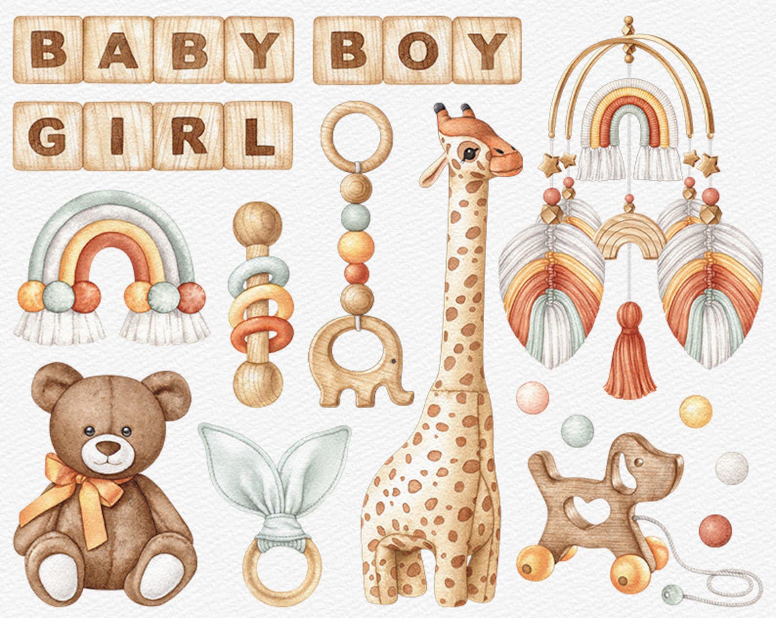 Watercolor Baby Toys Clipart Boho Baby Shower PNG Newborn Clipart ...