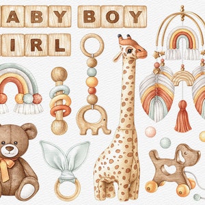 Watercolor Baby Toys Clipart Boho Baby Shower PNG Newborn Clipart ...