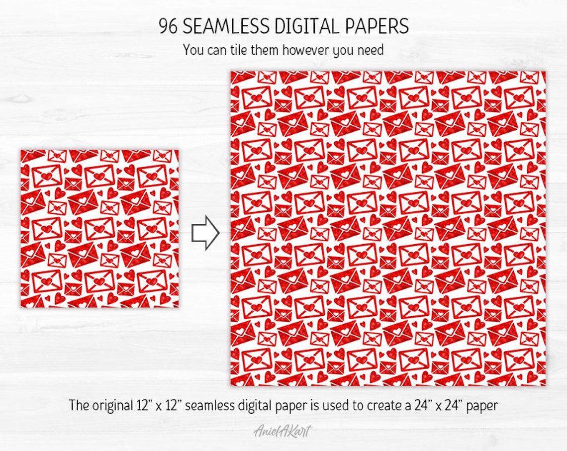 Red White Valentine Day Digital Paper Bundle Watercolor Love Seamless ...