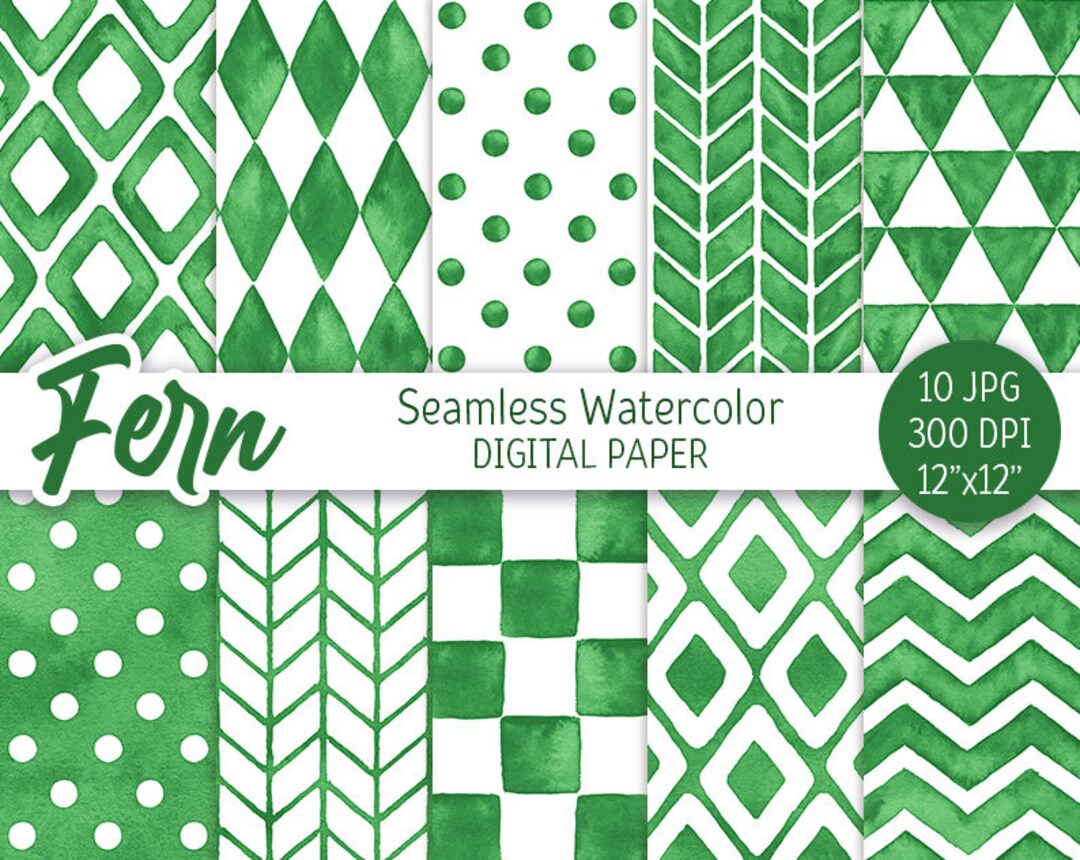 Fern Green Geometric Pattern Watercolor Seamless Digital Paper Pack ...