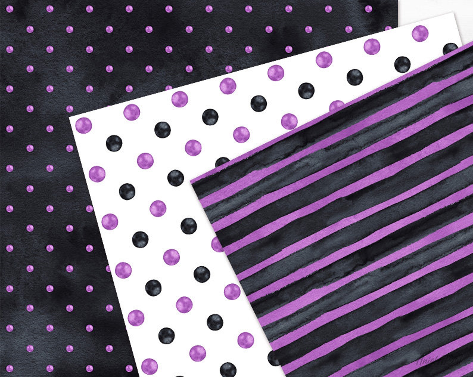 Purple Black Digital Paper Pack Watercolor Polka Dot Seamless Pattern ...