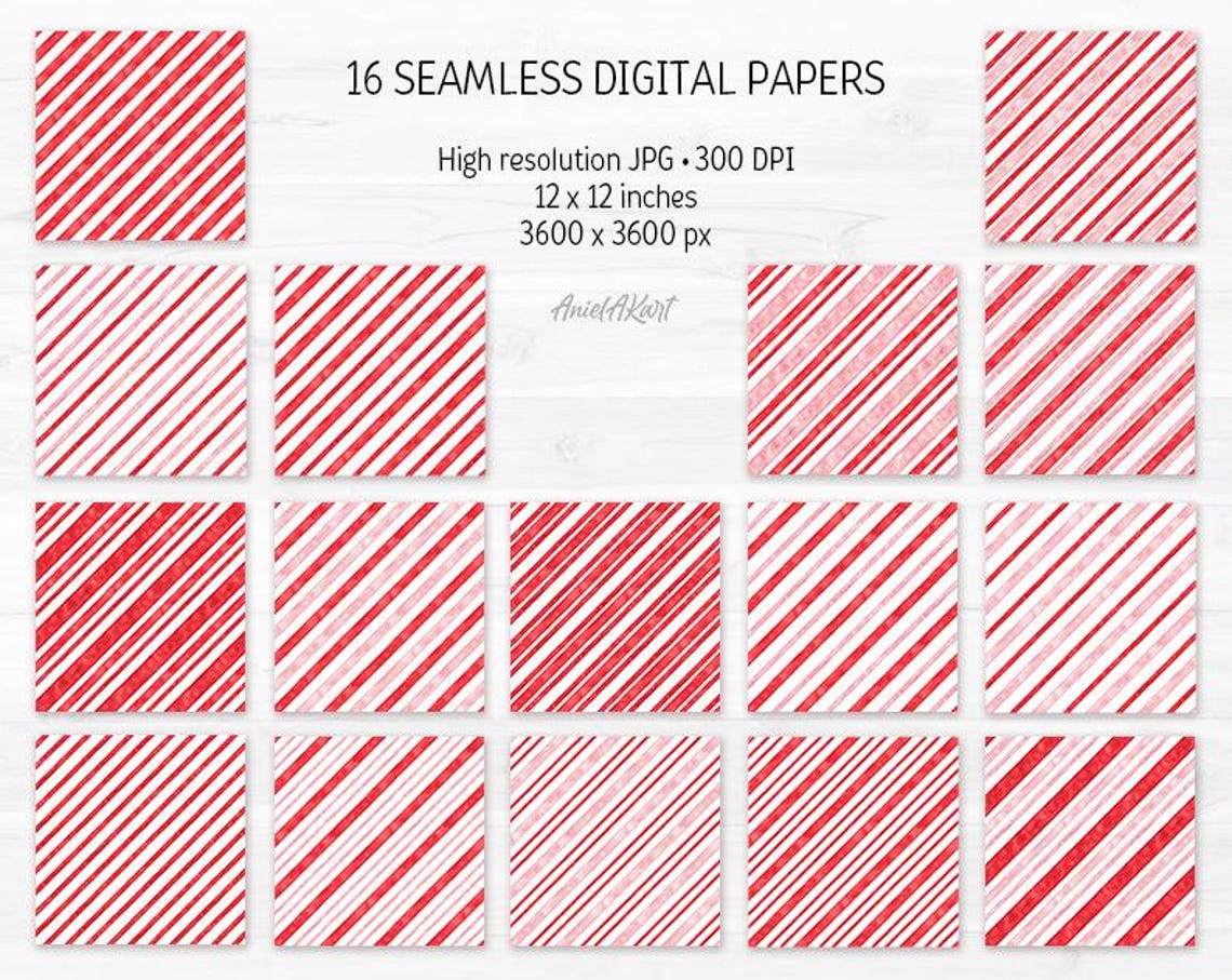 Candy Cane Stripes Digital Paper Pack Watercolor Peppermint Seamless ...