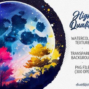 Watercolor Full Moon Clipart Bundle Magic Starry Night PNG Cozy ...