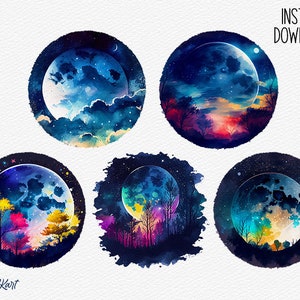 Watercolor Full Moon Clipart Bundle Magic Starry Night PNG Cozy ...