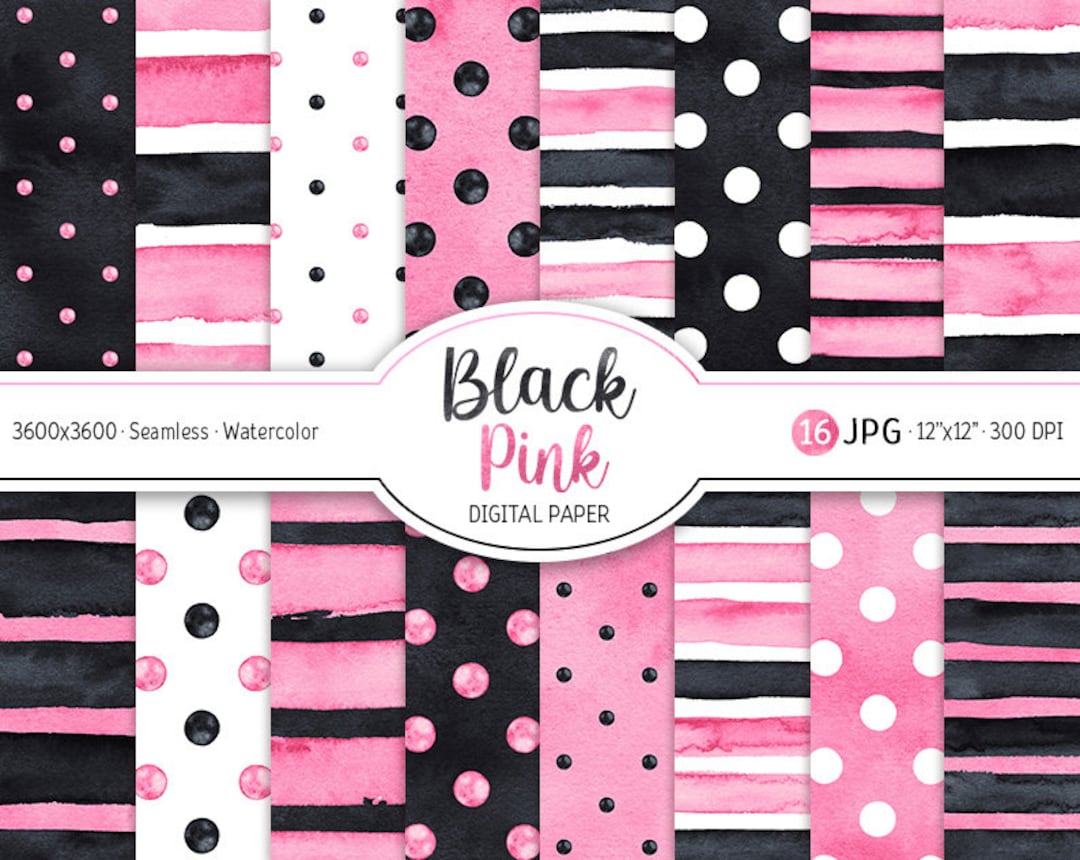 Black Pink Digital Paper Pack Watercolor Polka Dot Seamless Pattern ...