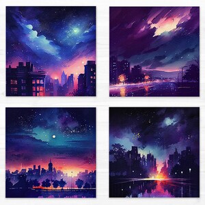 City Night Digital Paper Pack Watercolor Galaxy Moon Printable ...