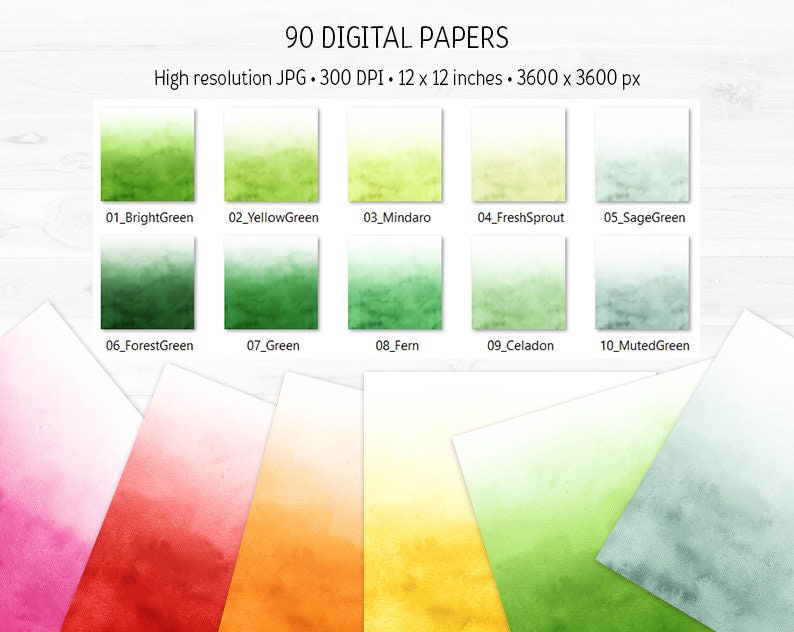Ombre Watercolor Digital Paper Pack Bundle 90 Rainbow Colors Gradient ...