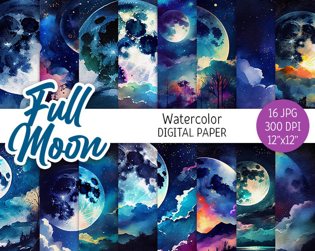 Full Moon Digital Paper Pack Watercolor Moon Printable Scrapbooking ...