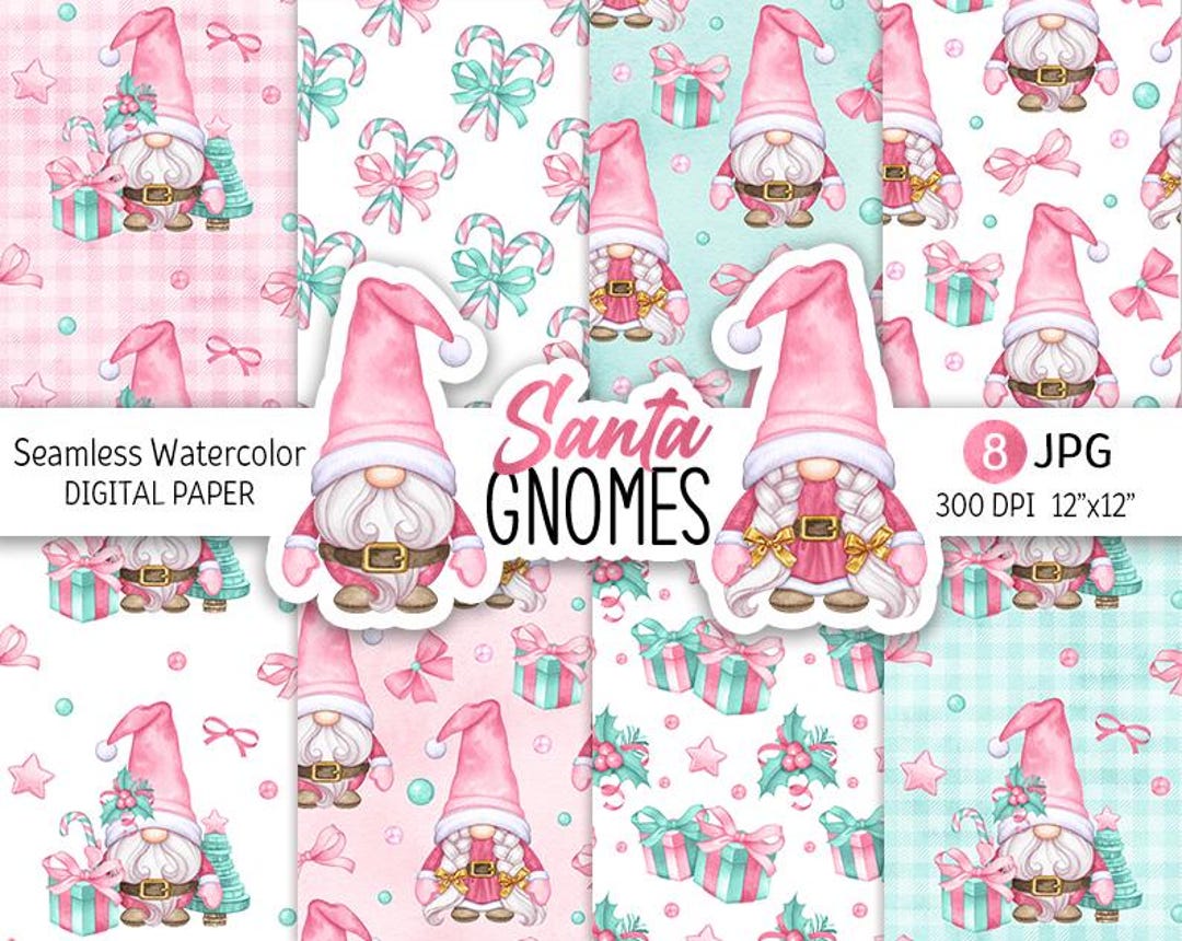Santa Gnomes Digital Paper Pack Watercolor Mint & Pink Christmas Cute ...