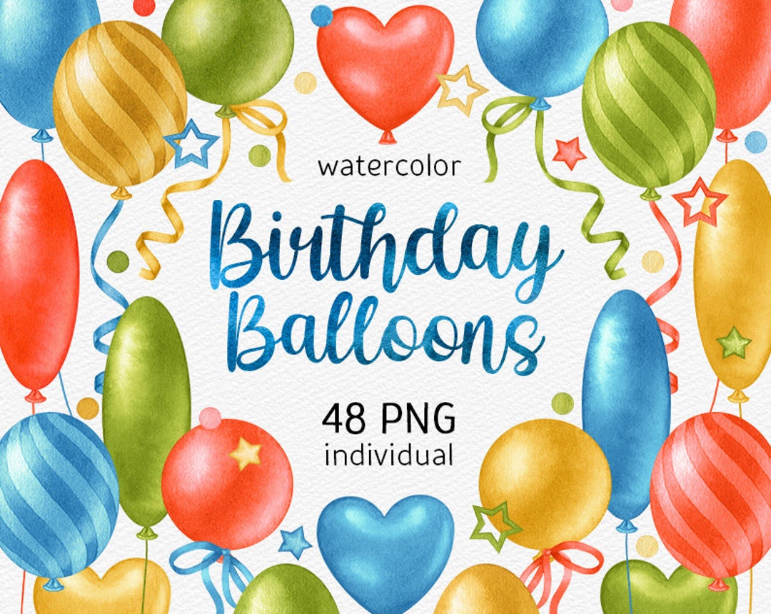 Watercolor Birthday Balloons Clipart Hand Painted Confetti Birthday ...