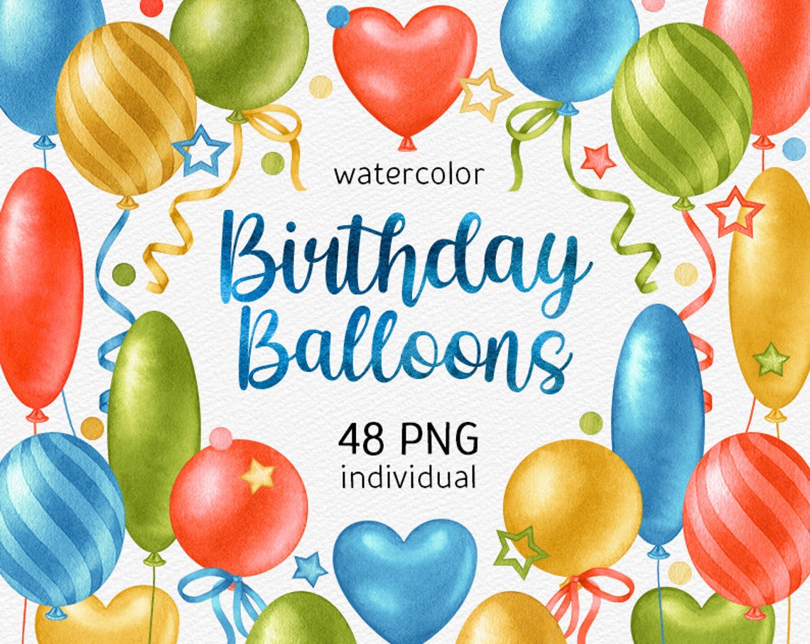 Watercolor Birthday Balloons Clipart Hand Painted Confetti - Etsy