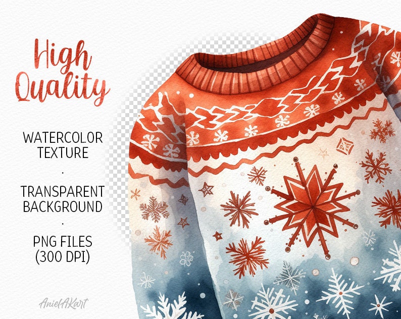 Watercolor Winter Sweater Clipart Bundle Ugly Christmas Sweater PNG ...