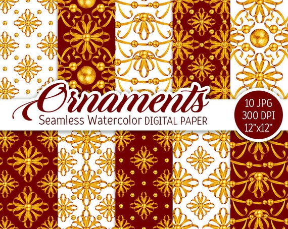 Gold Seamless Pattern Watercolor Ornaments Digital Paper Pack - Etsy
