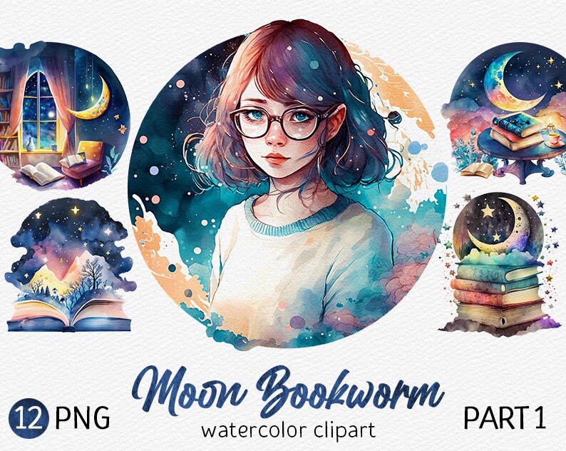 Watercolor Moon Bookworm Clipart Bundle Magic Book PNG - Etsy