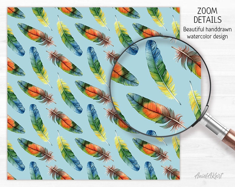 Rainbow Feather Watercolor Digital Paper Pack Colorful Exotic Boho ...