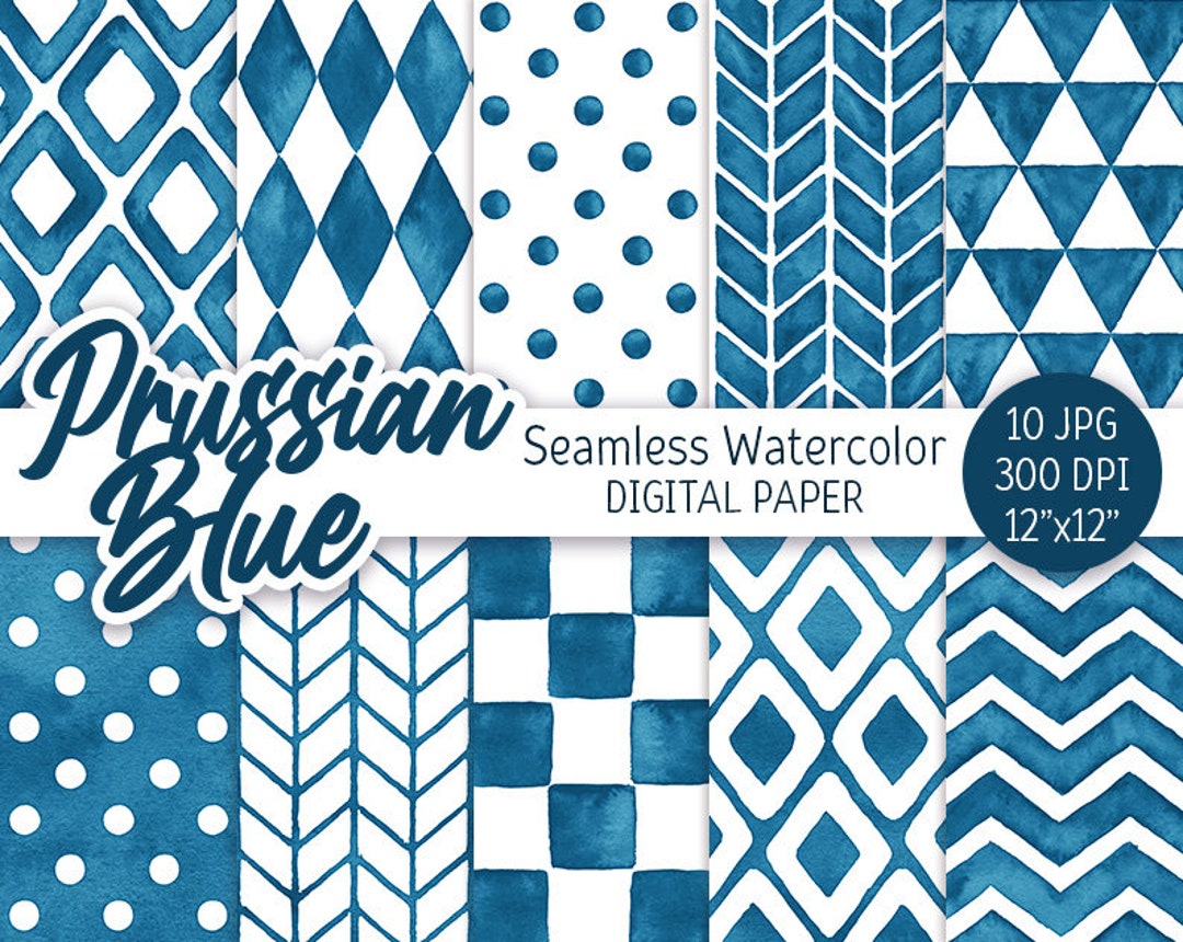 Prussian Blue Geometric Pattern Watercolor Seamless Digital Paper Pack ...