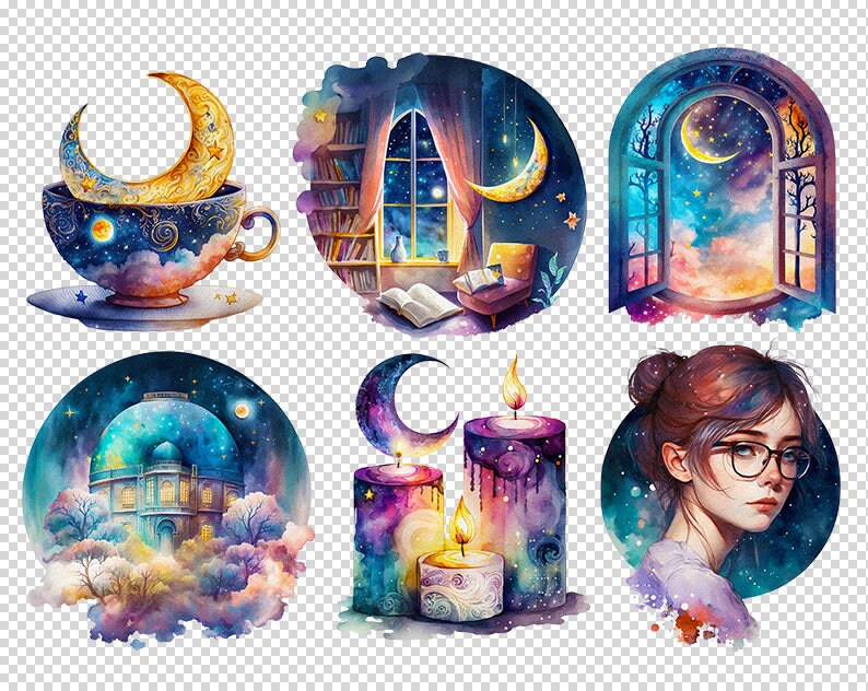 Watercolor Moon Bookworm Clipart Bundle Magic Book PNG - Etsy