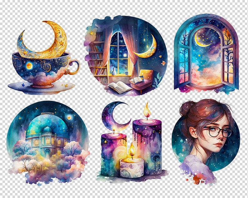 Watercolor Moon Bookworm Clipart Bundle Magic Book PNG - Etsy