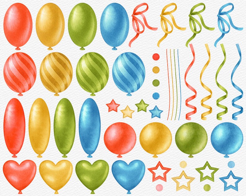 Watercolor Birthday Balloons Clipart Hand Painted Confetti - Etsy