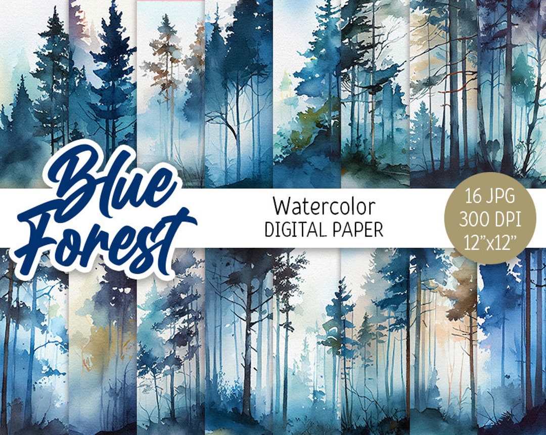 Watercolor Blue Forest Digital Paper Pack Foggy Wood Printable ...