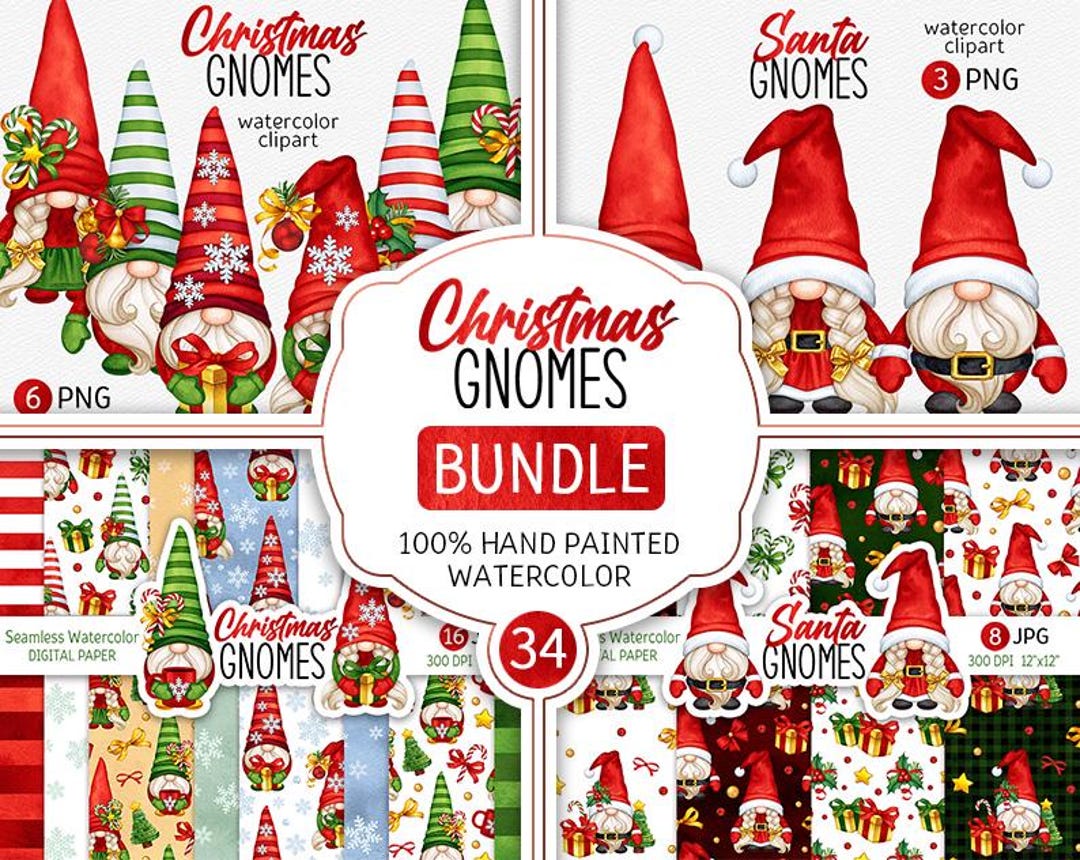 Christmas Gnomes Clipart BUNDLE Watercolor Santa Gnomes PNG Cute Xmas ...