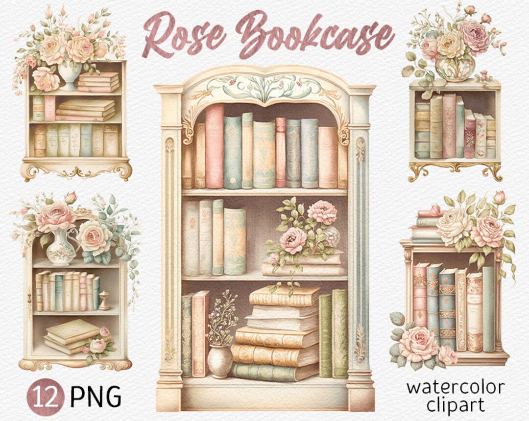 Watercolor Rose Bookcase Clipart Bundle Light Academia PNG Bookshelf ...