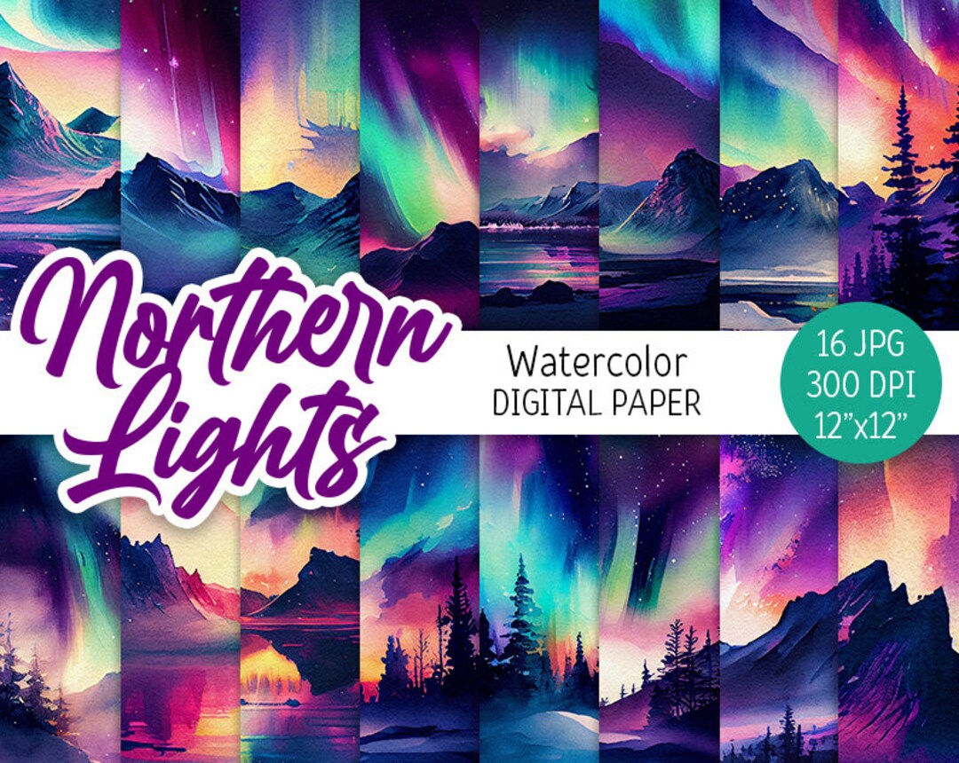 Northern Lights Digital Paper Pack Watercolor Aurora Borealis Printable ...