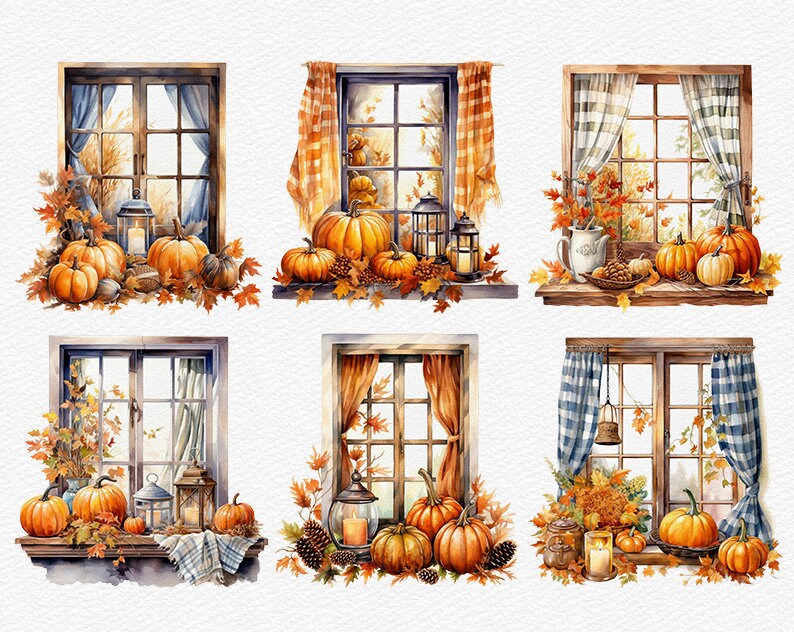 Watercolor Fall Window Clipart Cozy Autumn PNG Graphics Autumn Leaves ...
