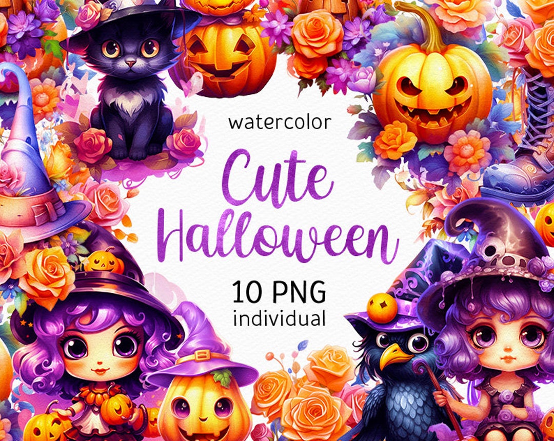 Cute Halloween Clipart Pack Halloween Watercolor Clipart Printable ...