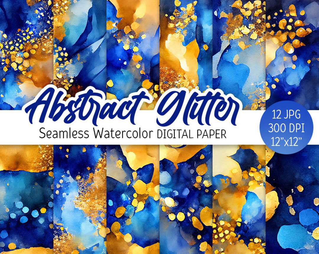 Blue and Gold Digital Paper Pack Watercolor Abstract Blue Seamless ...