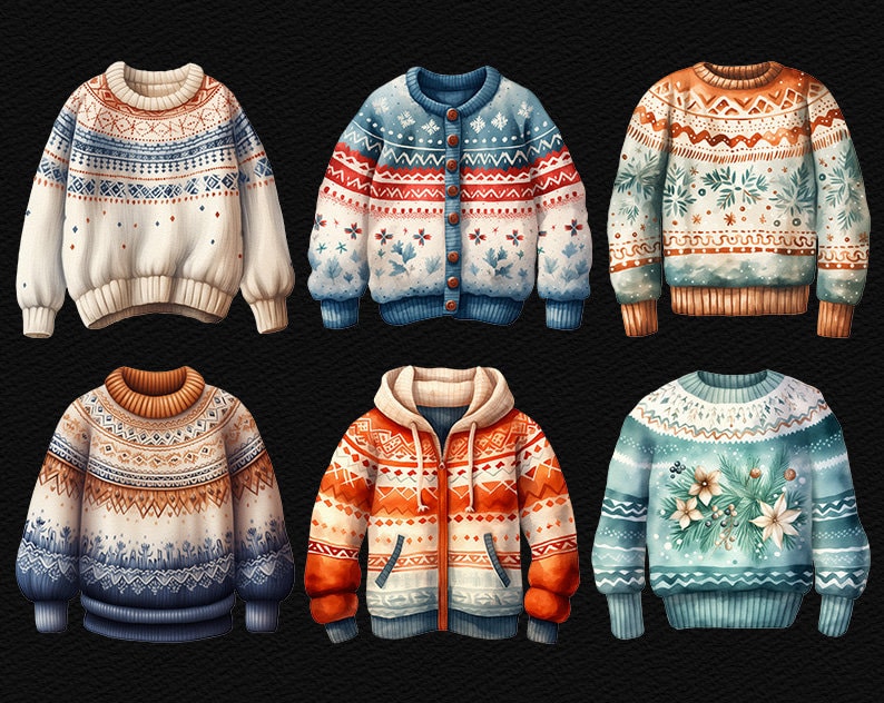 Watercolor Winter Sweater Clipart Bundle Ugly Christmas Sweater PNG ...