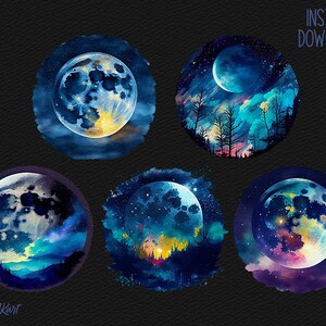 Watercolor Full Moon Clipart Bundle Magic Starry Night PNG Cozy ...