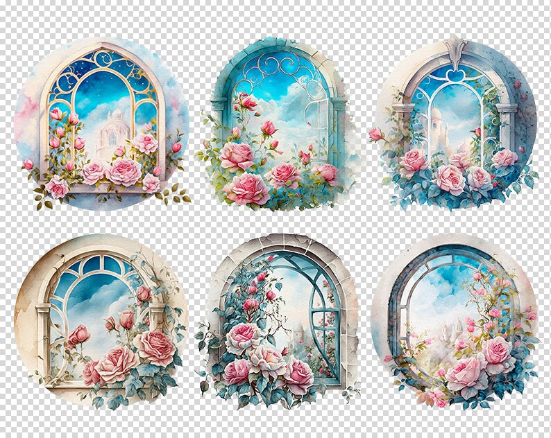 Watercolor Rose Window Clipart Summer Flower Window PNG - Etsy