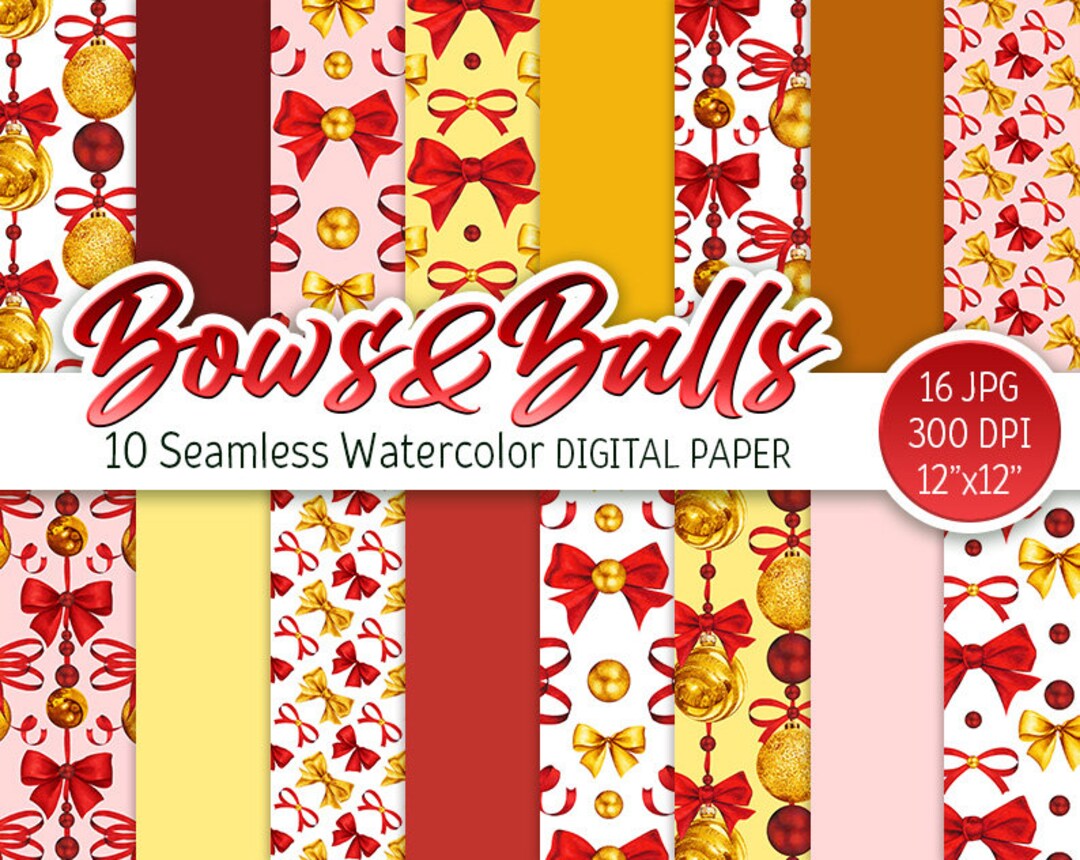 Christmas Watercolor Digital Paper Pack Bows and Balls Seamless Pattern ...