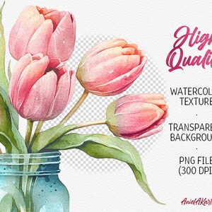 Watercolor Tulip Clipart, Pink Tulip PNG, Scrapbooking Clipart Bundle ...