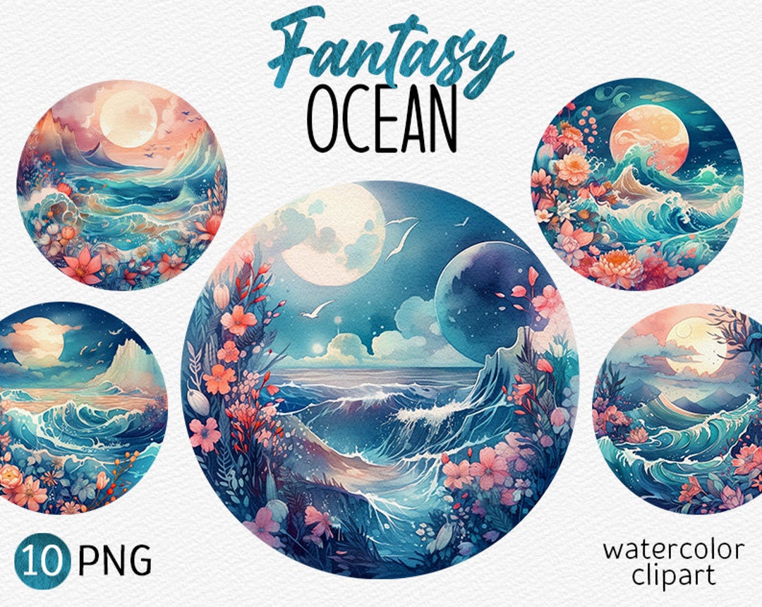 Watercolor Fantasy Ocean Clipart Bundle Sea Waves PNG Cozy Aesthetic ...