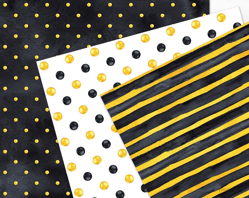 Yellow Black Digital Paper Pack Watercolor Polka Dot Seamless | Etsy