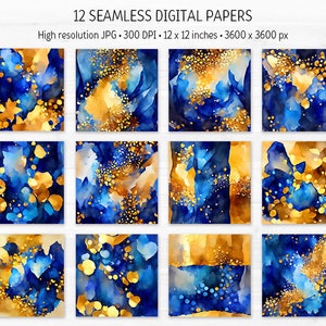 Blue and Gold Digital Paper Pack Watercolor Abstract Blue Seamless ...