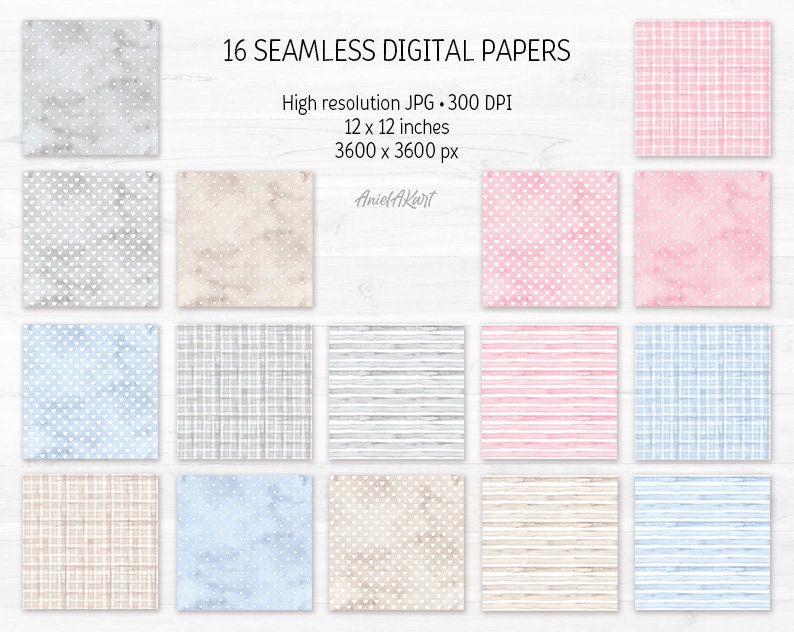 Cute Baby Digital Paper Pack Pastel Seamless Pattern Watercolor Polka ...