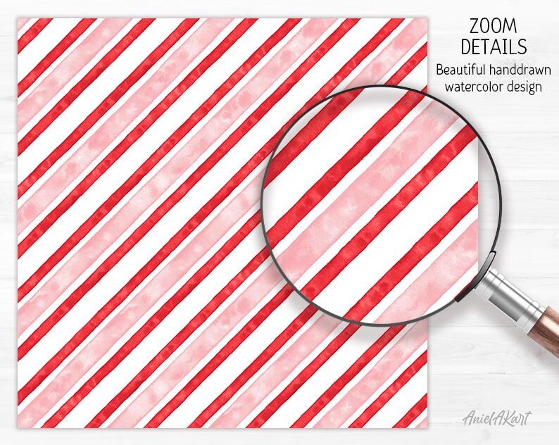 Candy Cane Stripes Digital Paper Pack Watercolor Peppermint Seamless ...