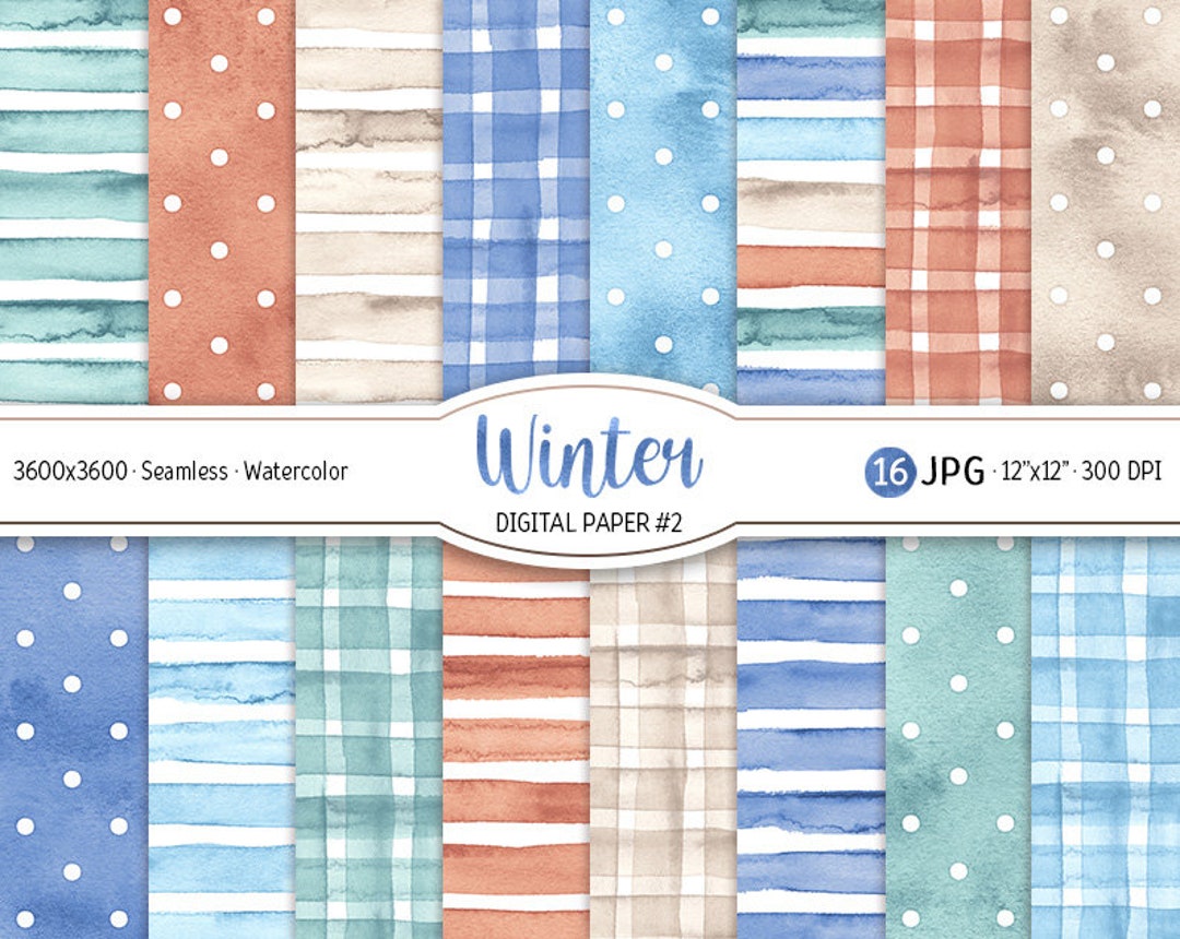 Watercolor Winter Digital Paper Pack Winter Hues Seamless Pattern Polka ...