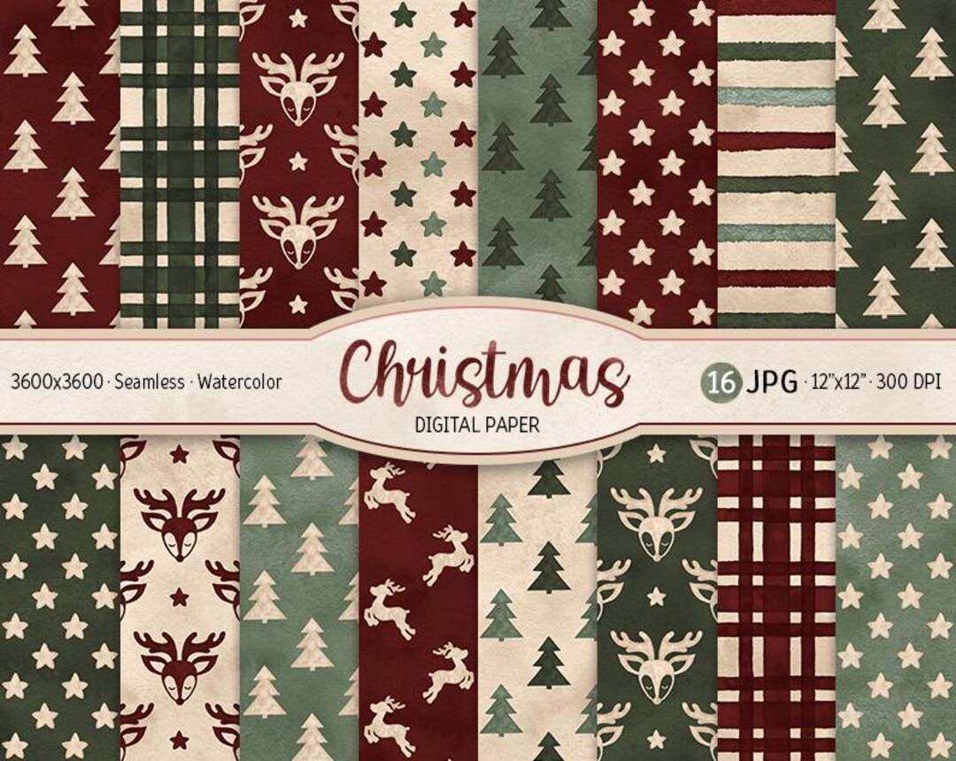 Christmas Digital Paper Pack Watercolor Seamless Pattern Vintage ...