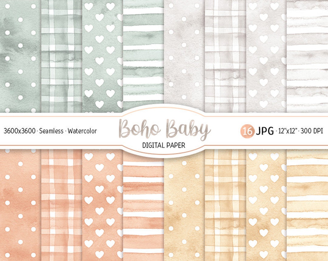 Boho Baby Digital Paper Pack Pastel Seamless Pattern Watercolor Polka ...