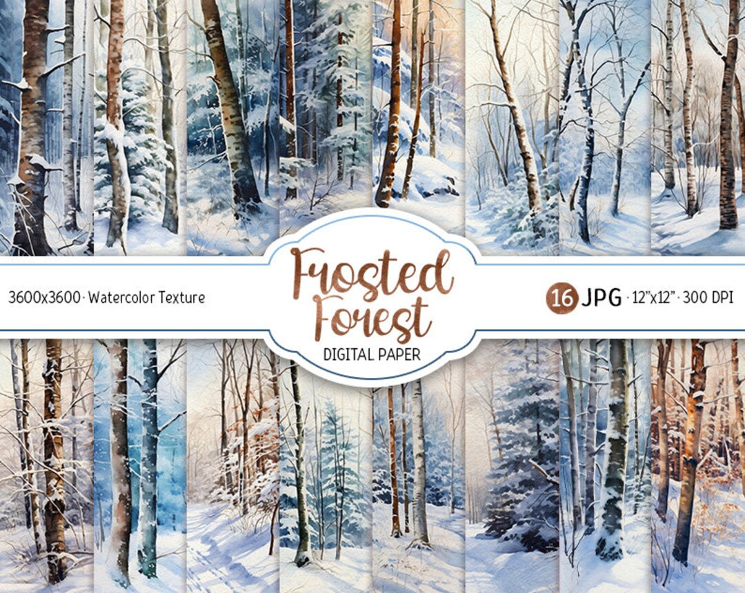 Watercolor Frosted Forest Digital Paper Pack Trees Printable Scrapbook ...