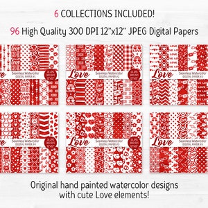 Red White Valentine Day Digital Paper Bundle Watercolor Love Seamless ...