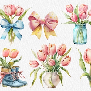 Watercolor Tulip Clipart, Pink Tulip PNG, Scrapbooking Clipart Bundle ...
