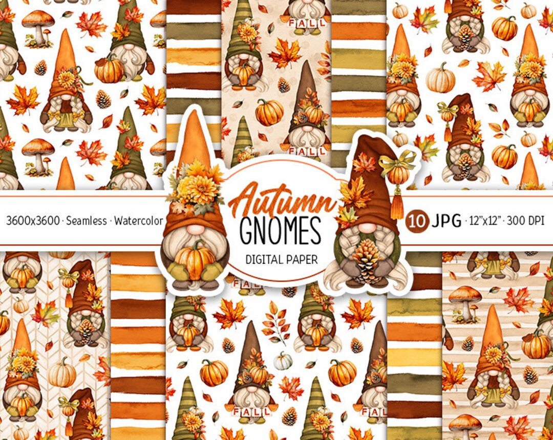 Fall Gnomes Digital Paper Pack Watercolor Gnome Seamless Pattern Cute ...