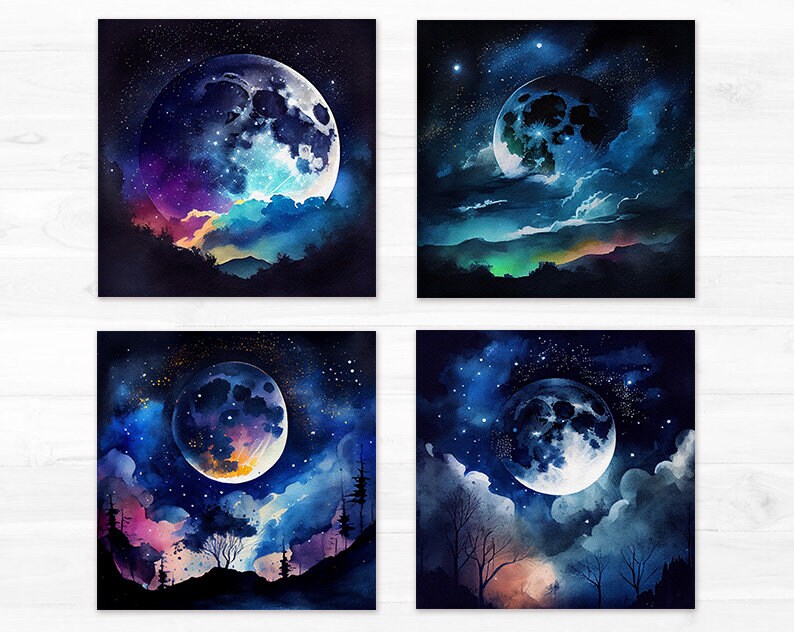 Full Moon Digital Paper Pack Watercolor Moon Printable Scrapbooking ...