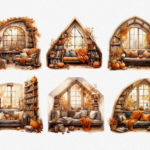 Watercolor Autumn Nook Clipart Bundle Cozy Reading Corner PNG Bookshelf ...